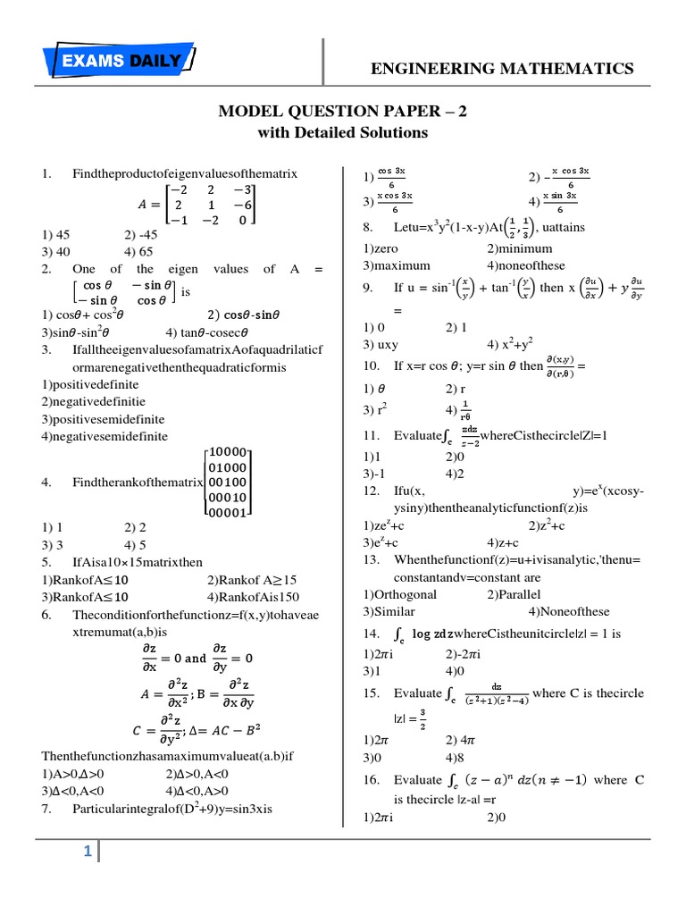 Engineering Mathematics Model Question Paper 2 With Detailed Solutions | PDF | Mathematical ...