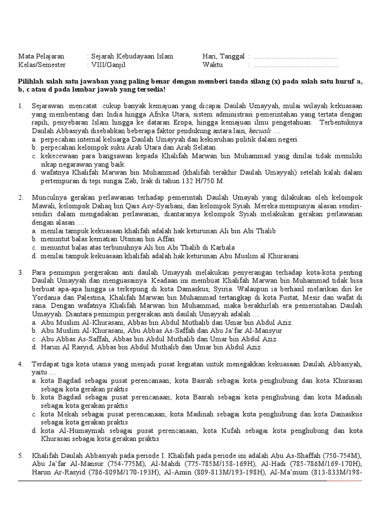 Soal SKI PAS Ganjil Kelas 8 | PDF