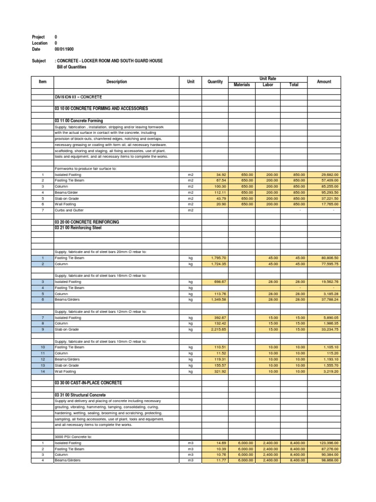 BOQ FORMAT PER SCOPE of Work Project - Concrete | PDF | Concrete | Architectural Design