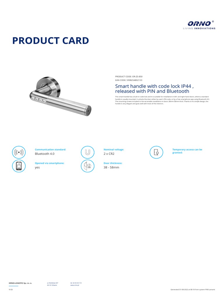Or Zs 850 Smart Handle With Code Lock Ip44 Released With Pin and ... Or Zs 850 Smart Handle With Code Lock Ip44 Released With Pin and ...