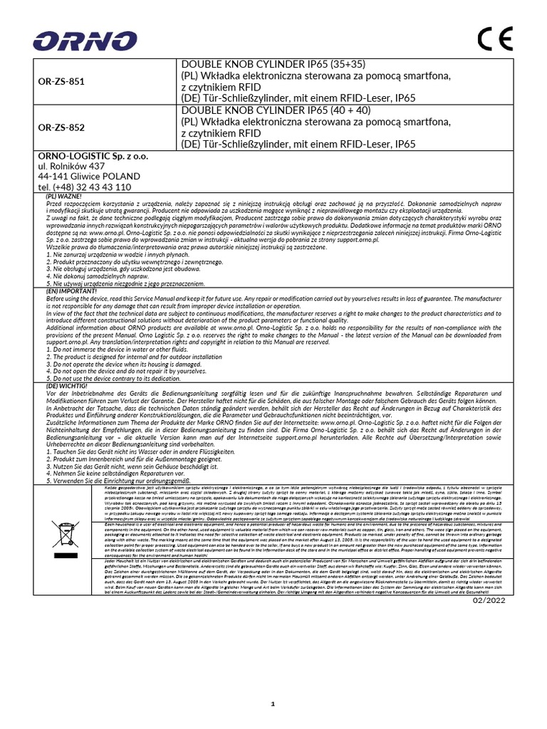 OR-ZS-851 Manual OR-ZS-852 PL EN DE | PDF