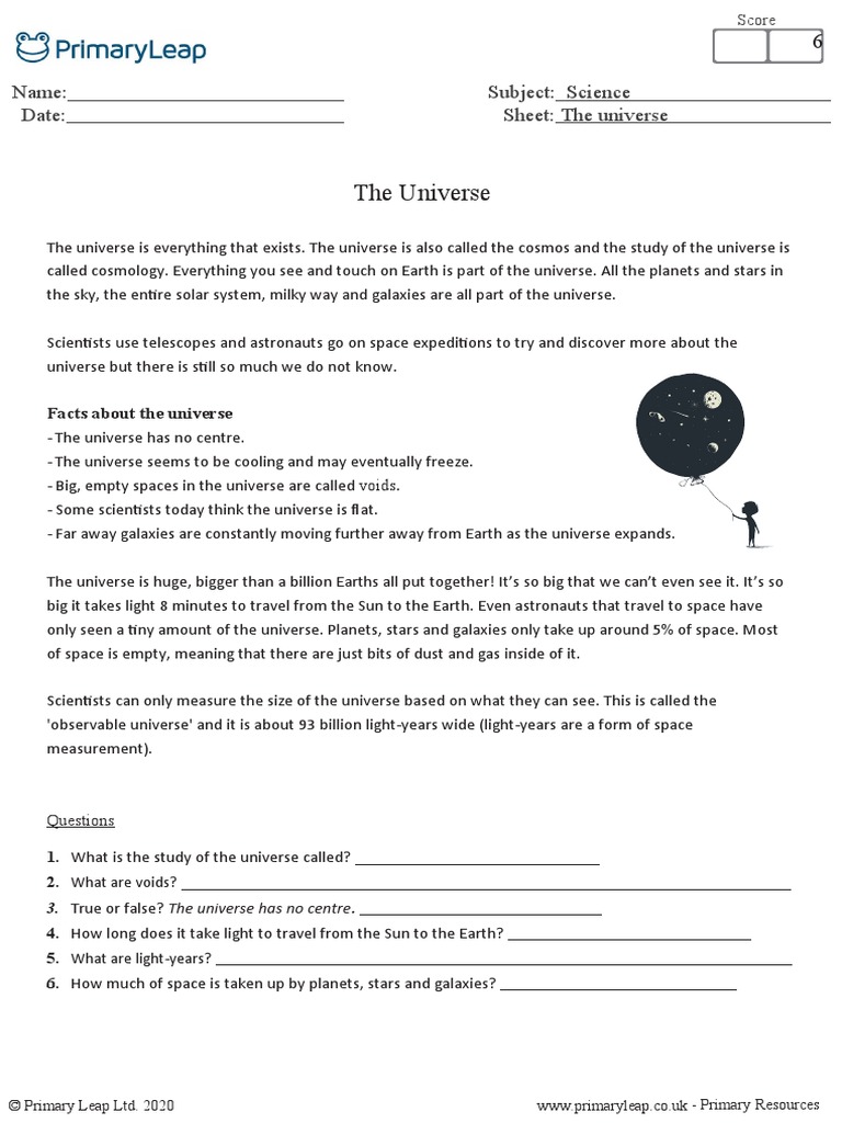 Reading Comprehension The Universe Reading Comprehension Exercises ...