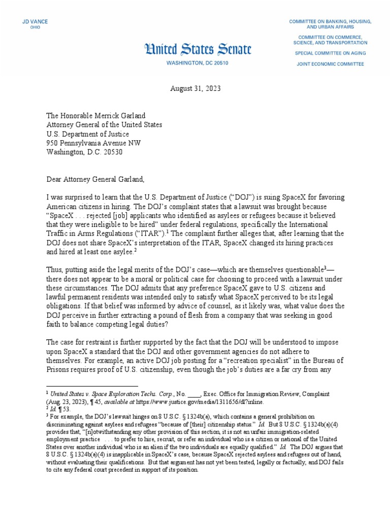 J.D. Vance Letter to Garland | PDF | United States Department Of ...