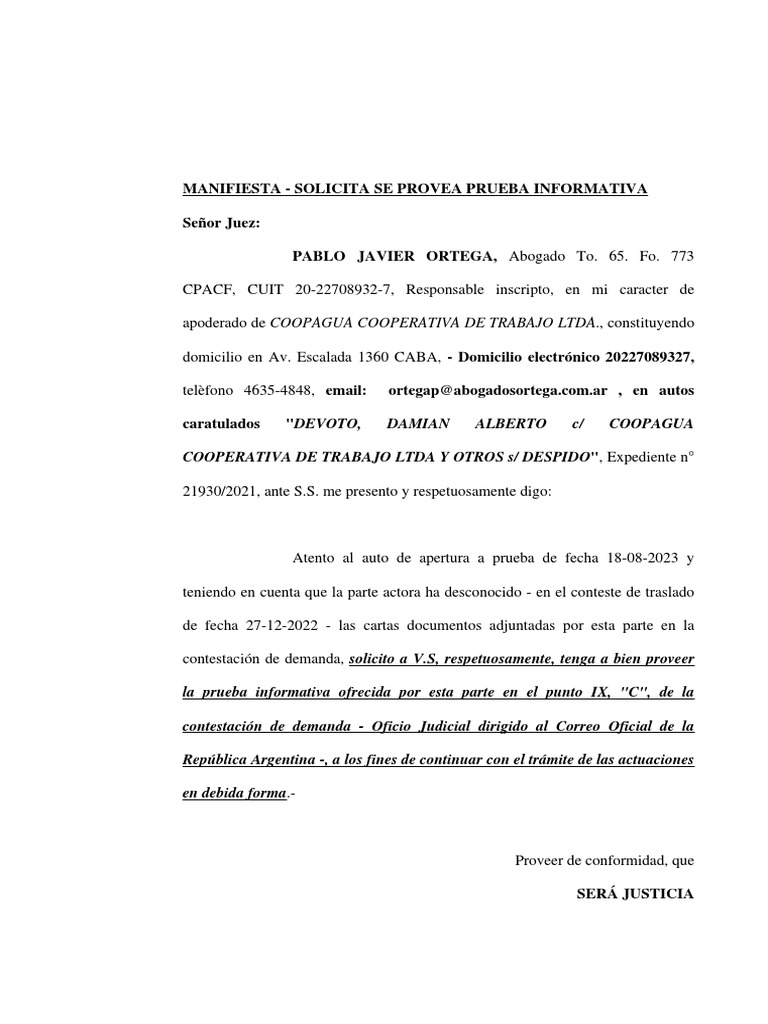 Manifiesta - Solicita Se Provea Prueba Informativa | PDF