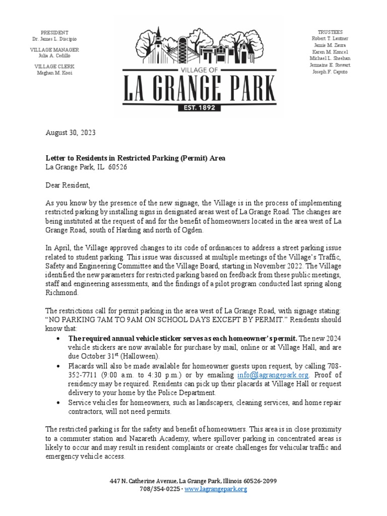 Letter To Residents On Parking Restrictions Near Nazareth Academy | PDF