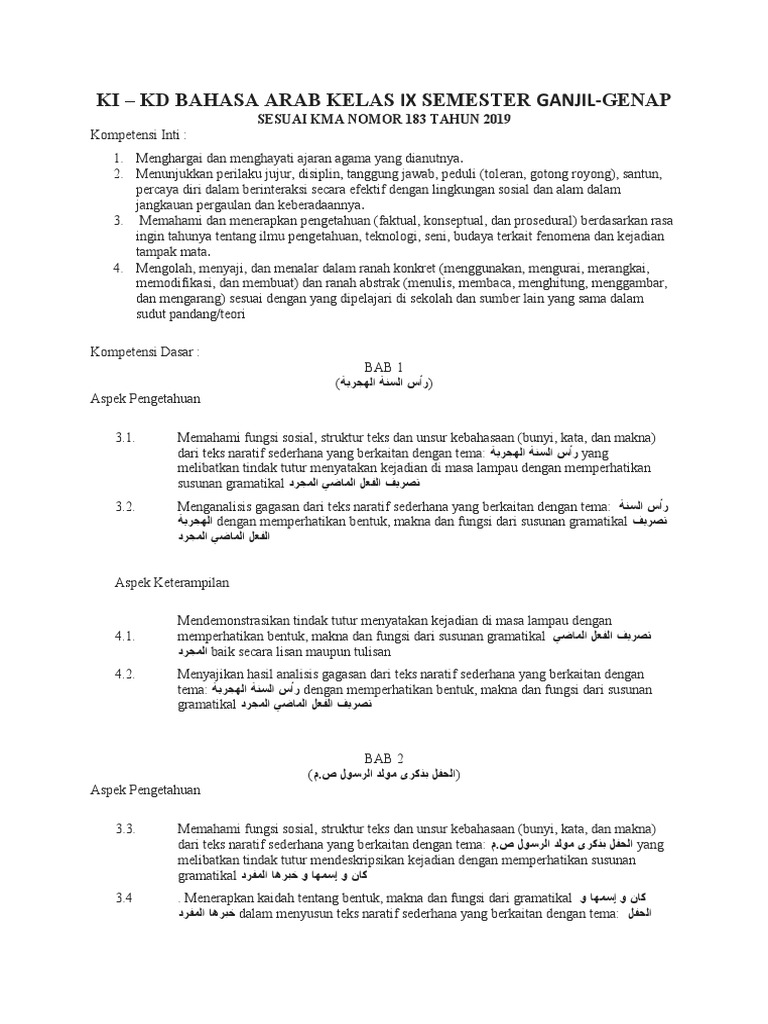 Ki-Kd Bahasa Arab Kelas Ix Semester Ganji Genap | PDF