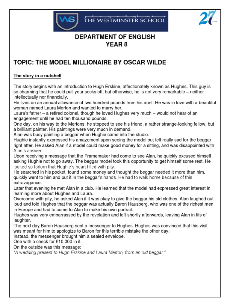 Yr8-The Model Millionaire Worksheet | PDF