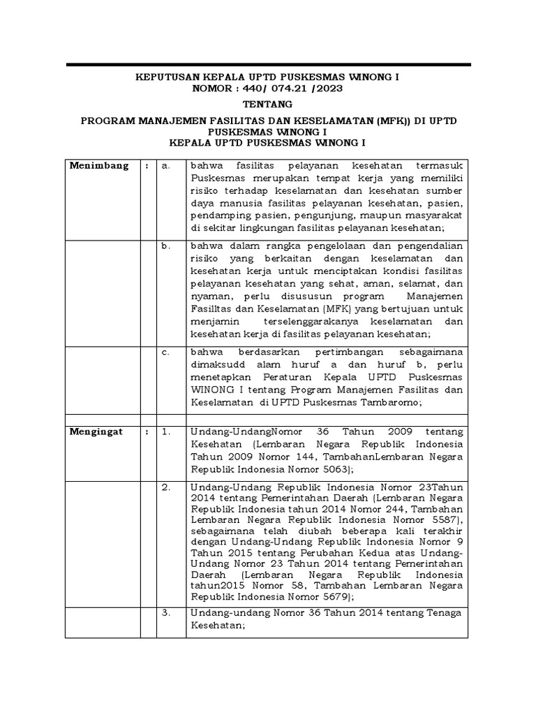 SK Program Manajemen Fasilitas Dan Keselamatan Puskesmas | PDF