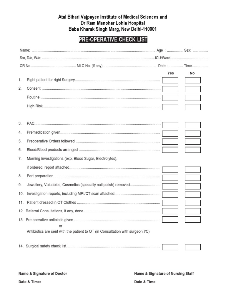 PRE OP Checklist | PDF | Health Care | Medicine