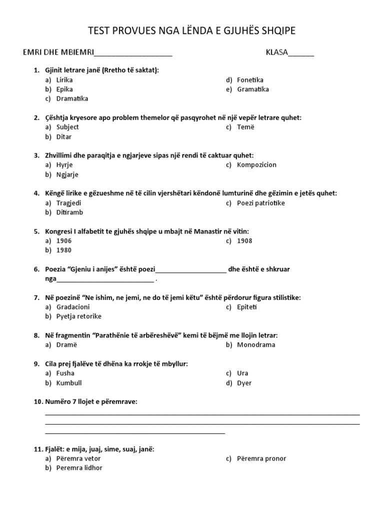 TEST PROVUES NGA LËNDA E GJUHËS SHQIPE KL - VIII | PDF