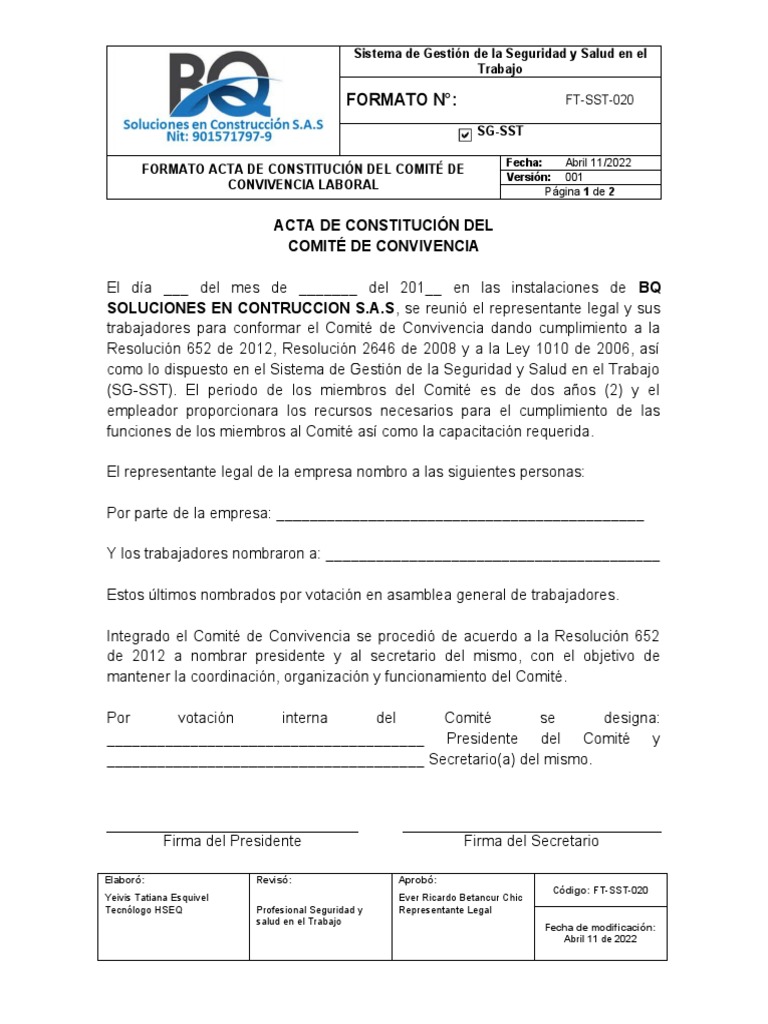 FT-SST-020 Formato Acta de Constitución Del Comité de Convivencia Laboral | PDF | Gobierno