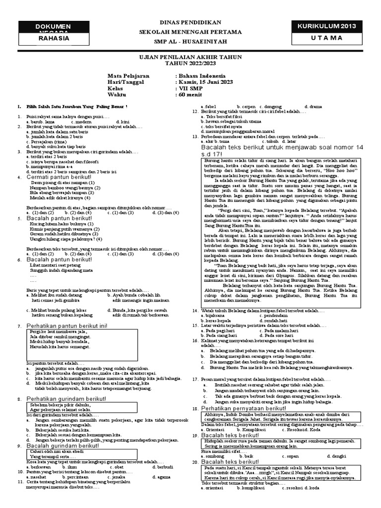Soal Ujian Bahasa Indonesia Kelas VII | PDF