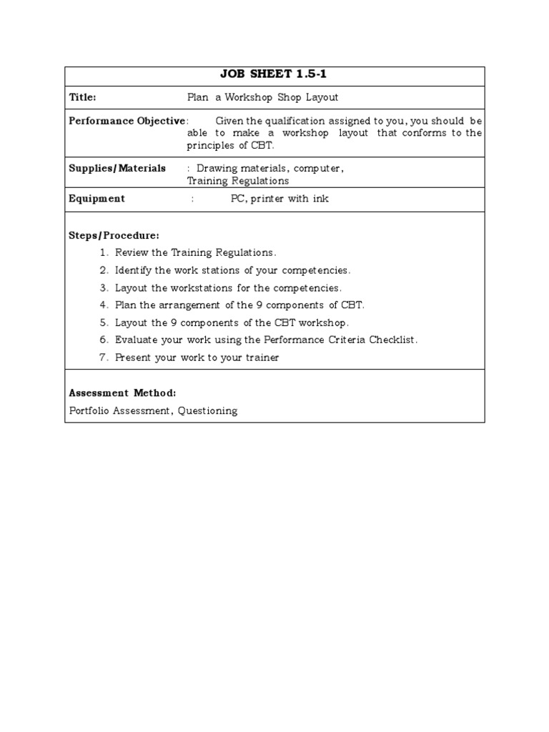 JOB SHEET - Plan A Workshop Shop Layout | PDF