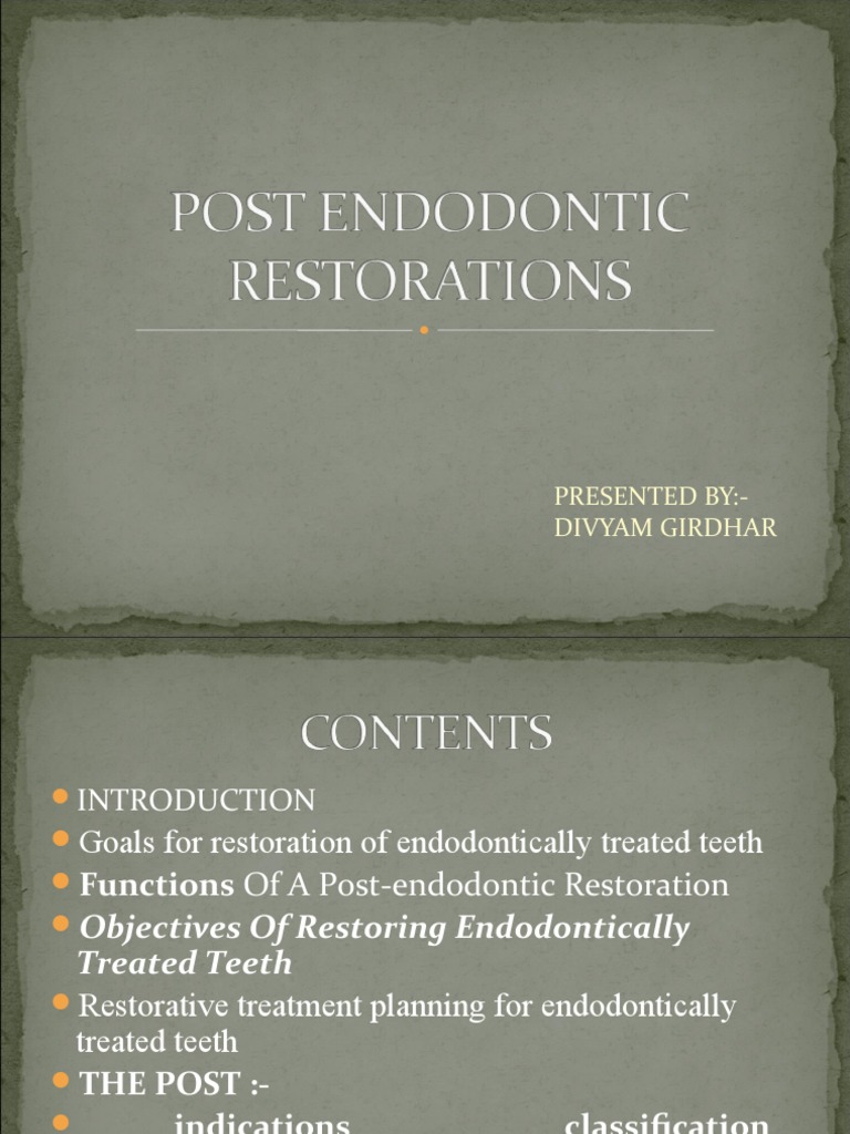 Post Endodontic Restorations | PDF | Dental Composite | Dental Material