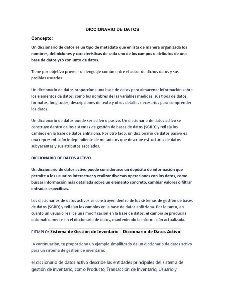 Diccionario de Datos | PDF | Bases de datos | Metadatos