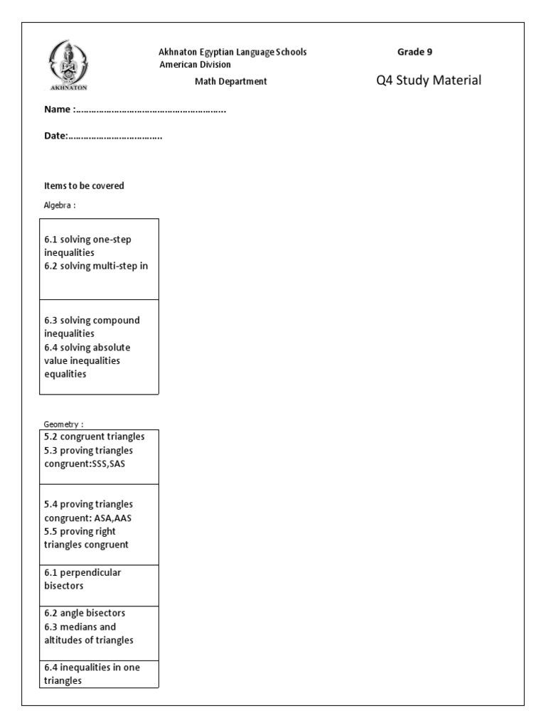Q4 Study Material | PDF | Inequality (Mathematics) | Triangle