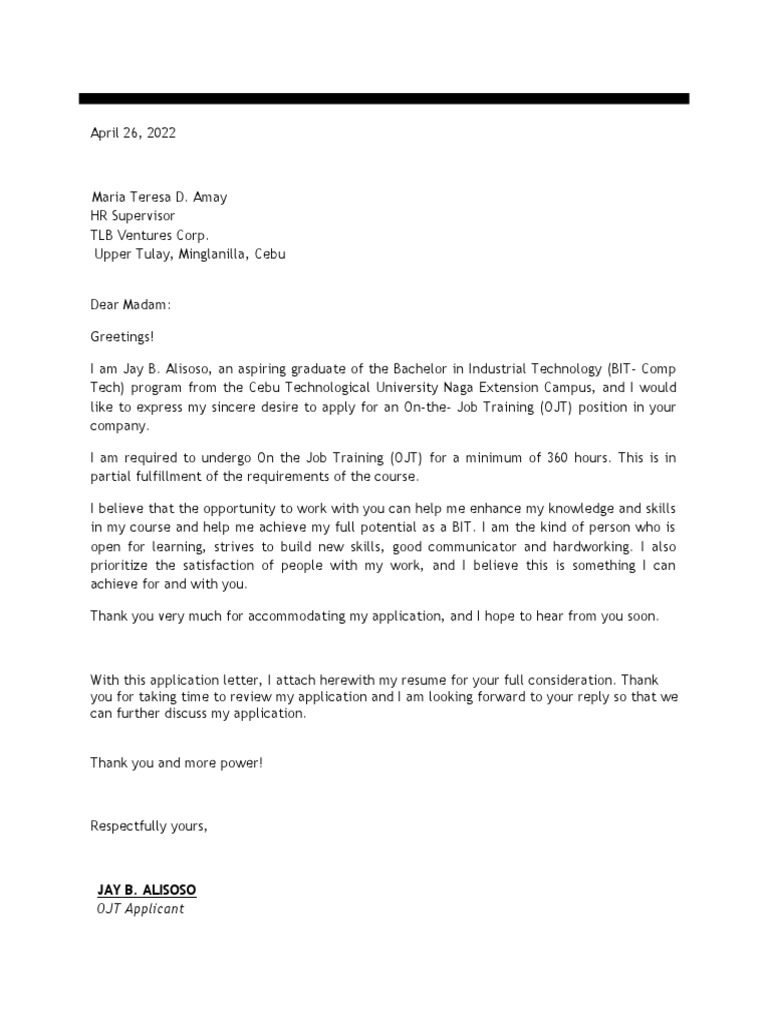 Sample Application Letter For Ojt | PDF