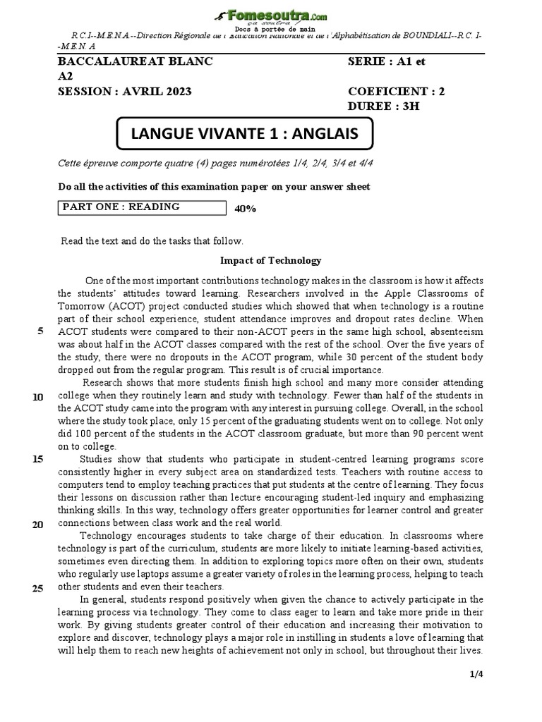 Sujet Corrige 1 LV1 Anglais Bac A1 Blanc 2023 Boundiali | PDF | Learning | Teachers