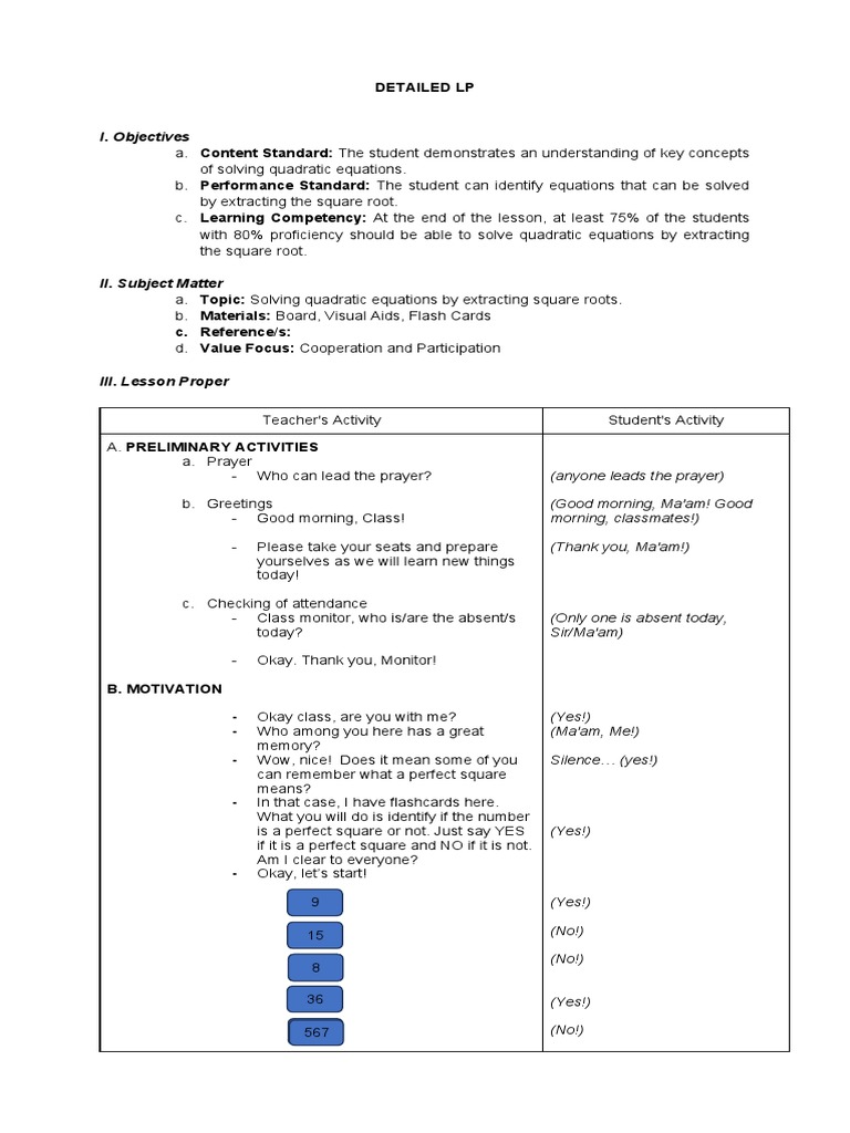 DETAILED-LP Quadratic Equation by Extracting Square Roots | PDF ...