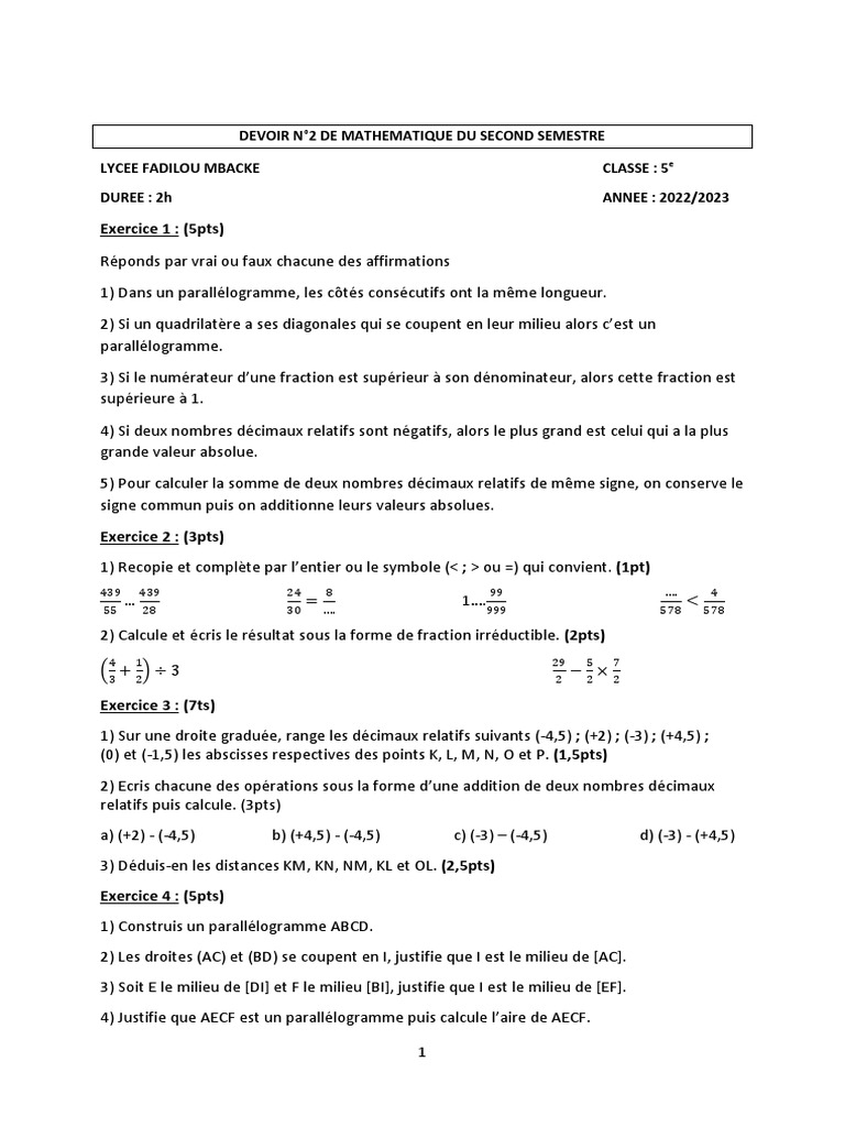 Devoir Mathématique 5e : Parallélogrammes et Fractions | PDF