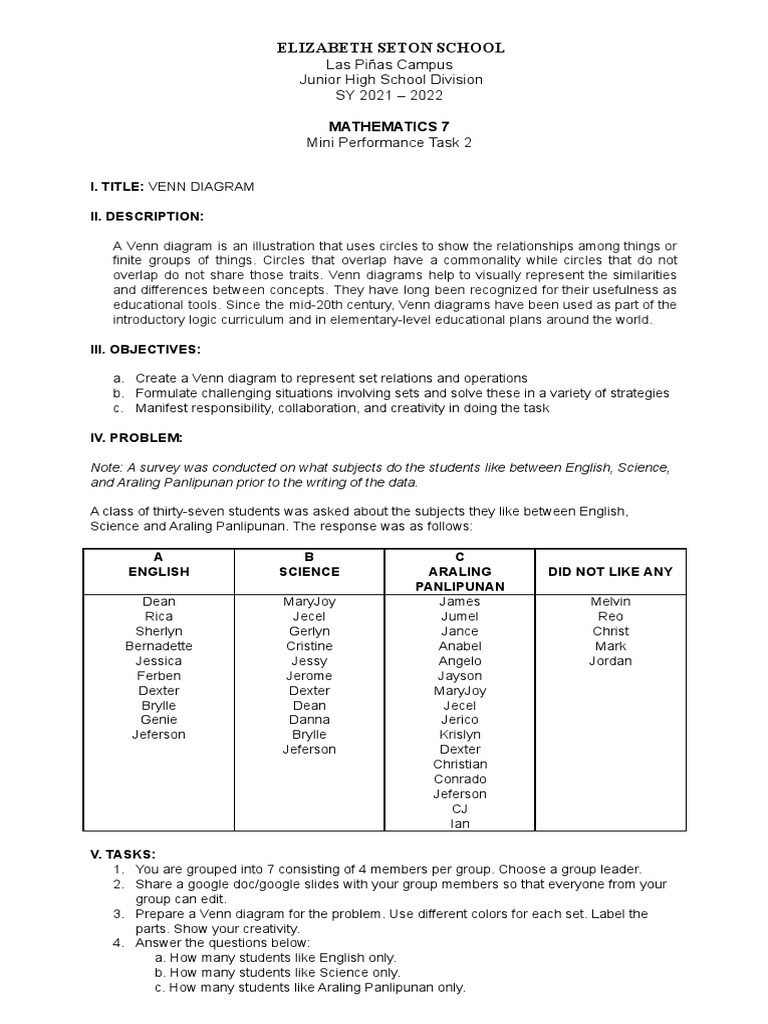 Mini Performance Task 2 Venn Diagram | PDF | Rubric (Academic) | Cognition Mini Performance Task 2 Venn Diagram | PDF | Rubric (Academic) | Cognition
