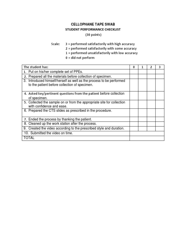 Cellophane Tape Swab - PERFORMANCE CHECKLIST by JKTago | PDF