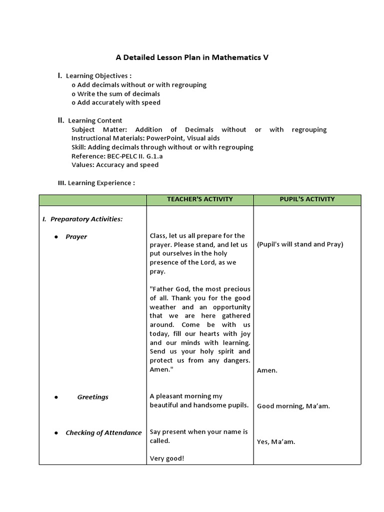 Lesson Plan in Mathematics | PDF | Prayer | Lesson Plan