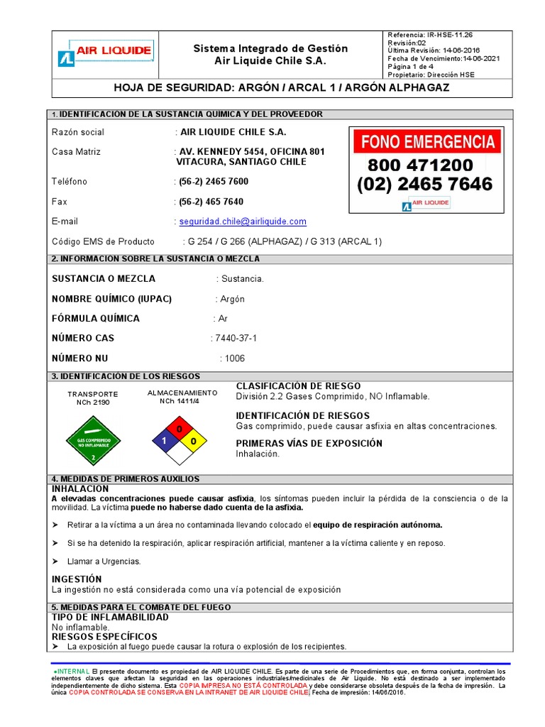 Hoja de Seguridad de Argon Arcal1 y Argon Aphagaz | PDF | Argón ...