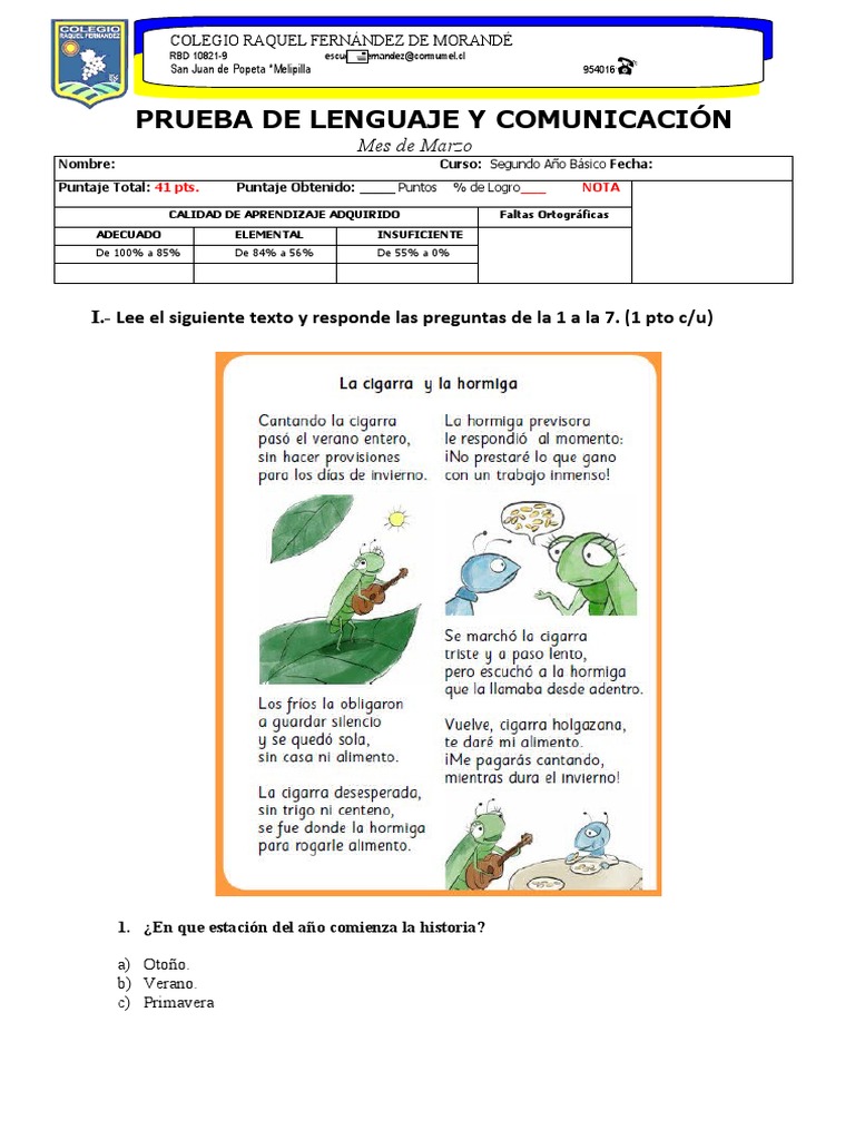 Evaluación de Lenguaje 2do Básico MARZO | PDF