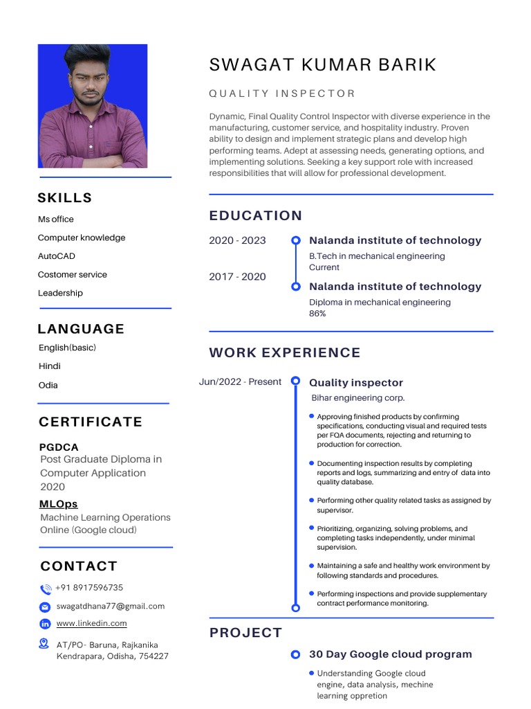 Quality Inspector Resume of Swagat Kumar Barik | PDF | Engineering ...