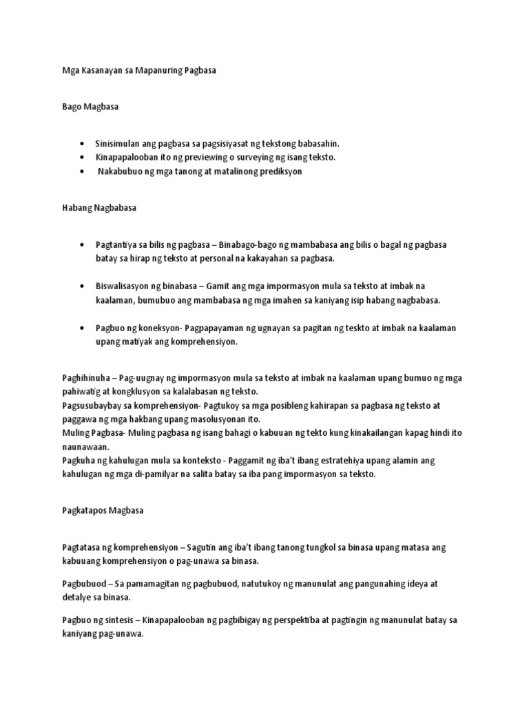 Mga Kasanayan Sa Mapanuring Pagbasa | PDF Mga Kasanayan Sa Mapanuring Pagbasa | PDF