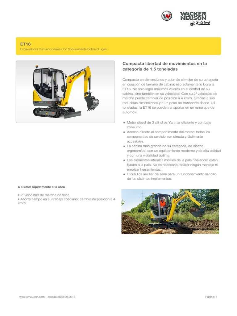 Ficha Miniexcavadora ET 16 | PDF | Factores humanos y ergonomía | Motores