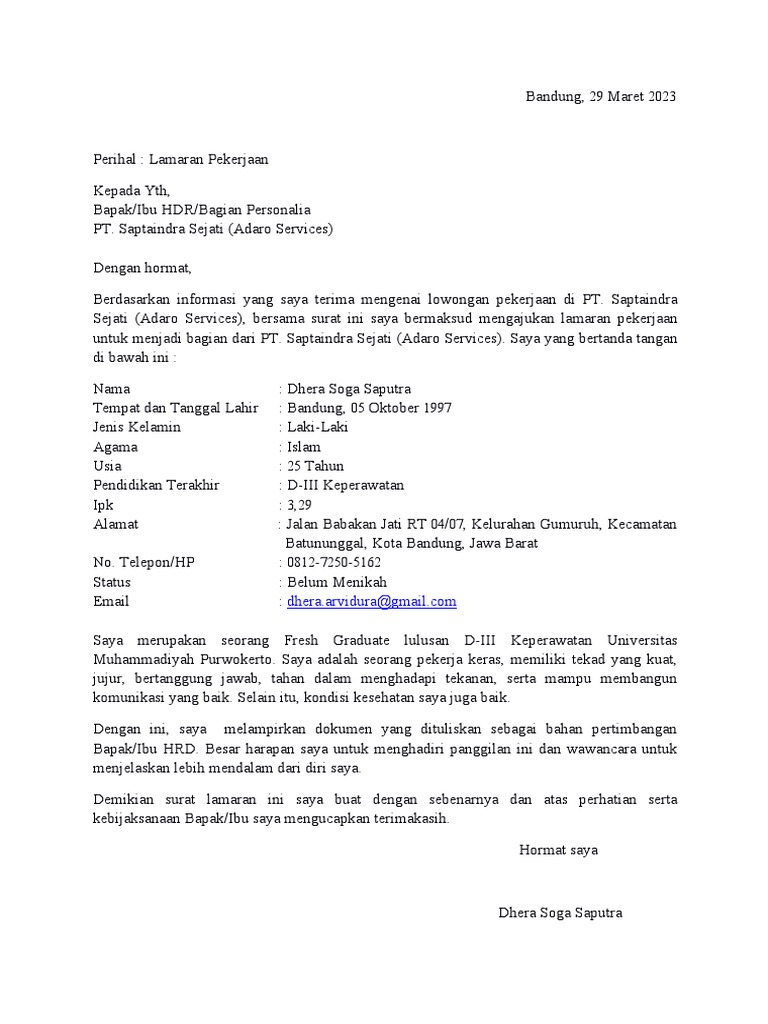 Dhera Soga Saputra - Lamaran Pekerjaan PT. Saptaindra Sejati (Adaro Services) - Compressed | PDF