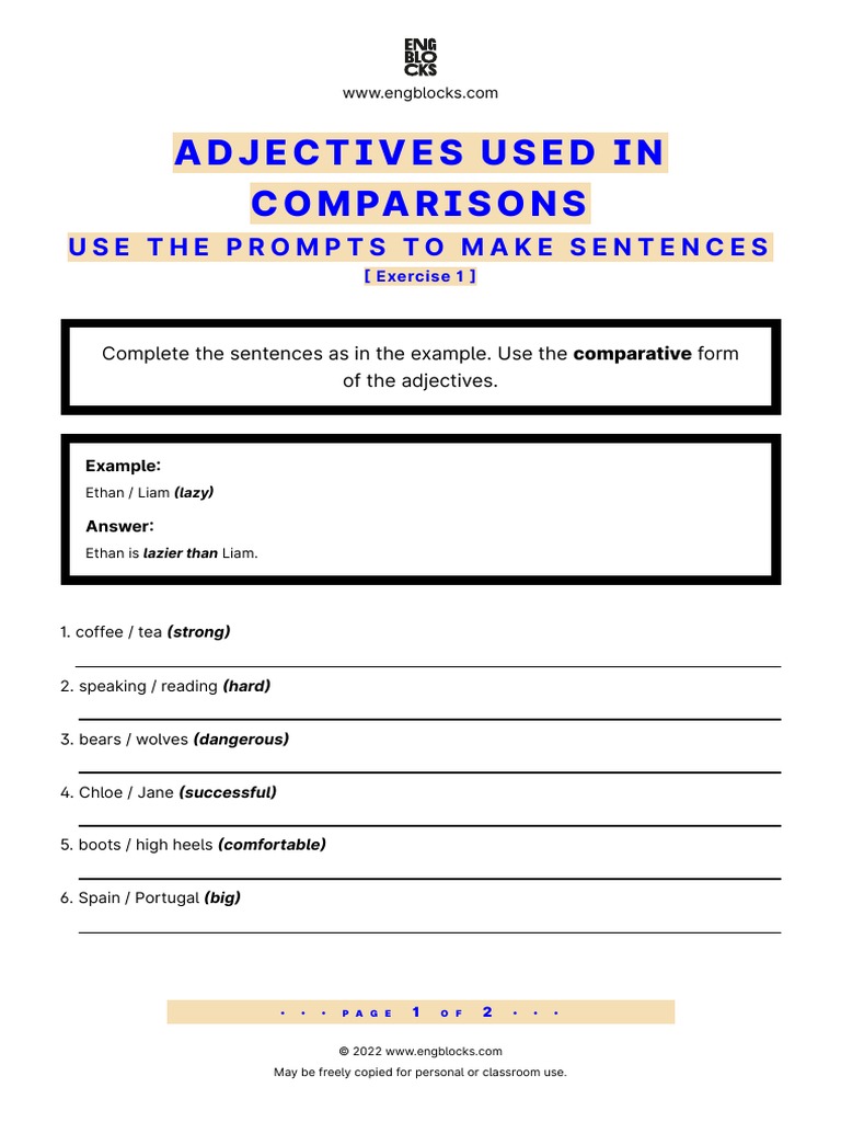Adjectives Used in Comparisons Sentence Building Exercise 1 | PDF