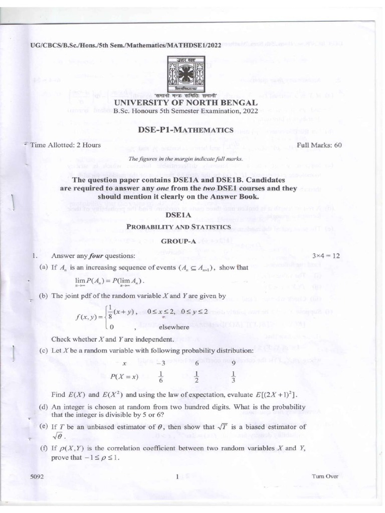 Ug Mathematics V Sem Dse P1 2022 Ii | PDF