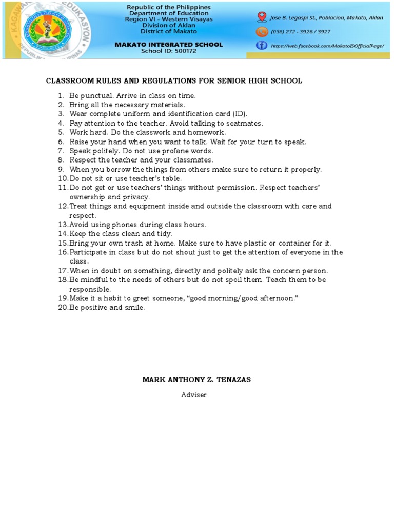 Classroom Rules and Regulations For Senior High School | PDF | Home ...
