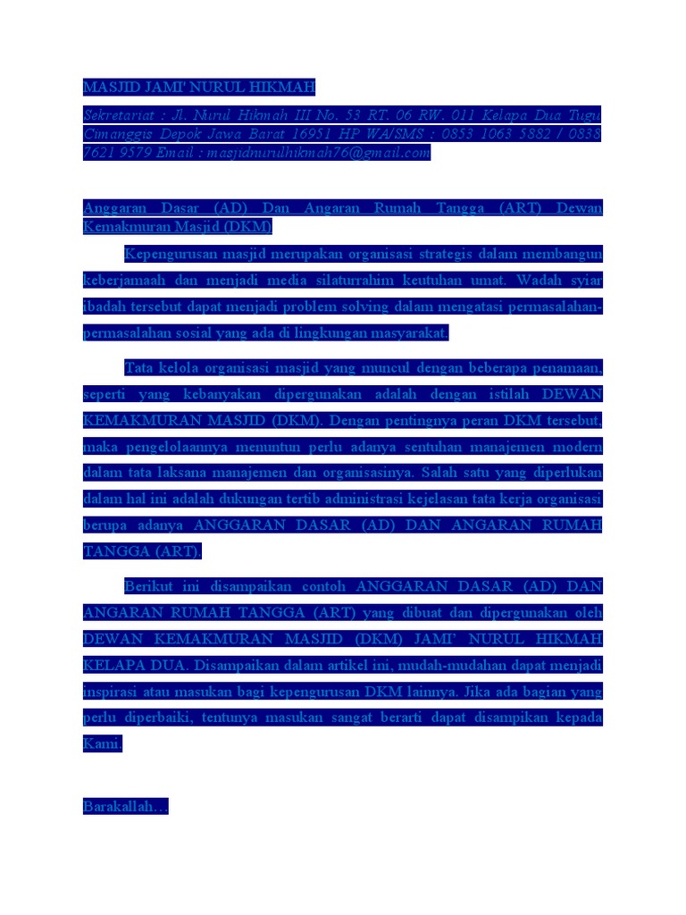 Contoh Adrt Masjid Jami | PDF