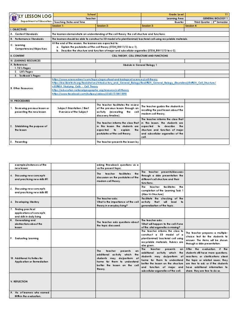 Cell Theory Lesson Plan for Grade 11 | PDF | Teachers | Cell (Biology)