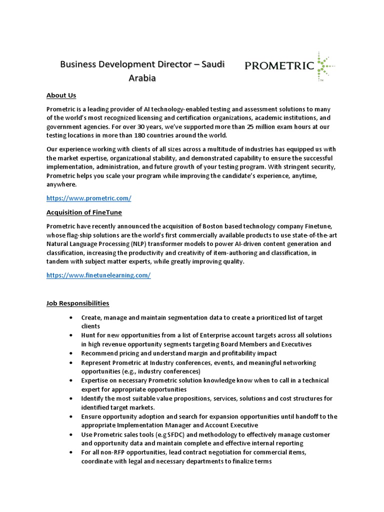 Prometric - Business Development Director Saudi Arabia | PDF | Sales ...