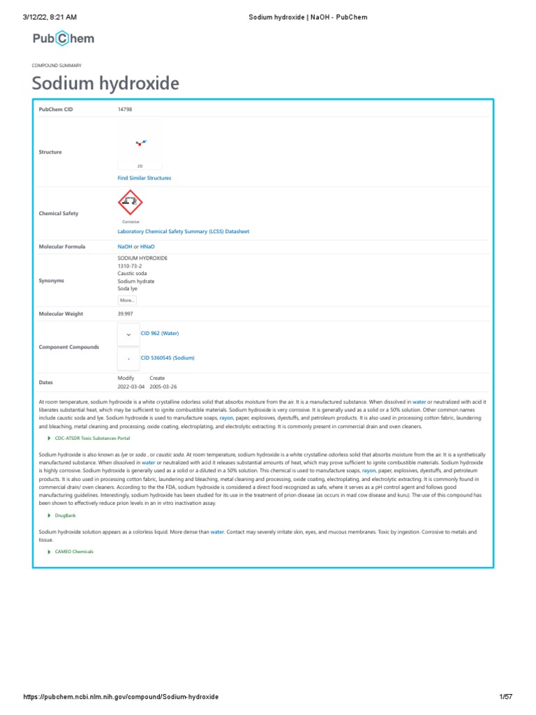 Sodium Hydroxide - NaOH - PubChem | PDF | Sodium Hydroxide | Hydroxide