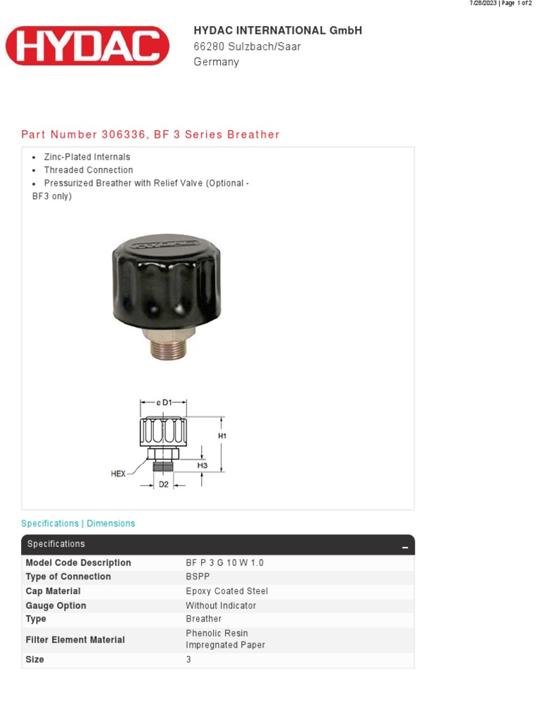 Ficha Técnica Hydac 306336-BF3 | PDF
