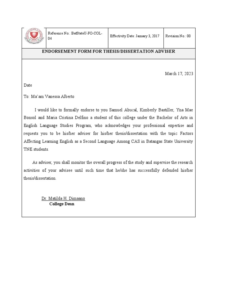 Endorsement Form For Thesis/Dissertation Adviser | PDF