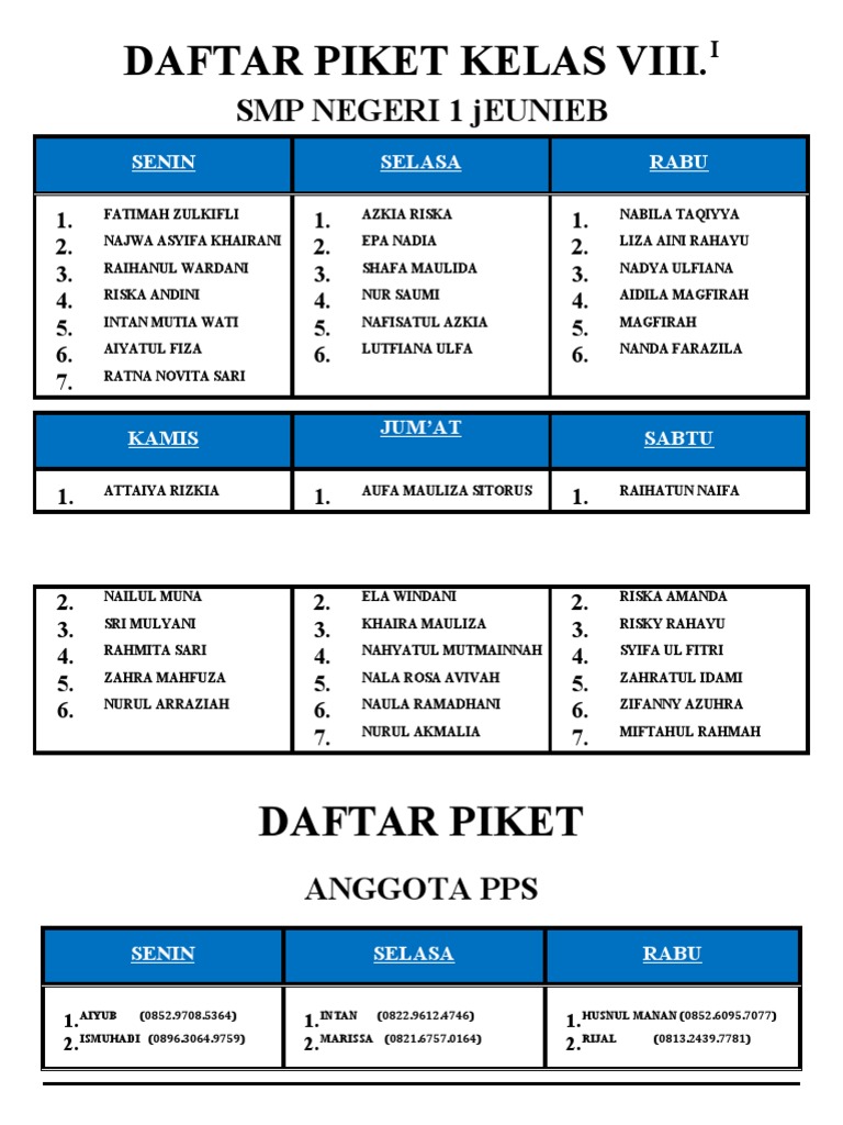 Daftar Piket Kelas Vii2 SMP | PDF