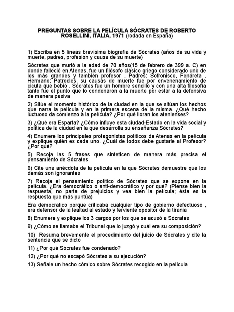 PREGUNTAS SOBRE LA PELÍCULA SÓCRATES DE ROBERTO ROSELLINIasdsadasd | PDF