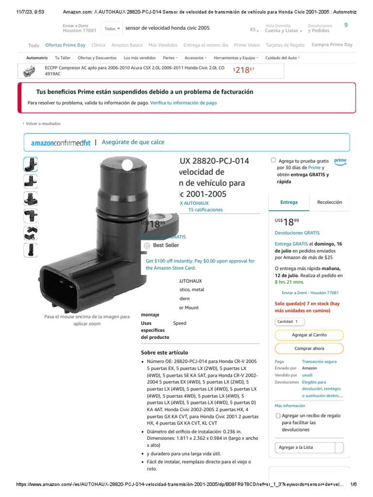 X AUTOHAUX 28820-PCJ-014 Sensor de Velocidad de Transmisión de Vehículo para Honda Civic 2001 ...