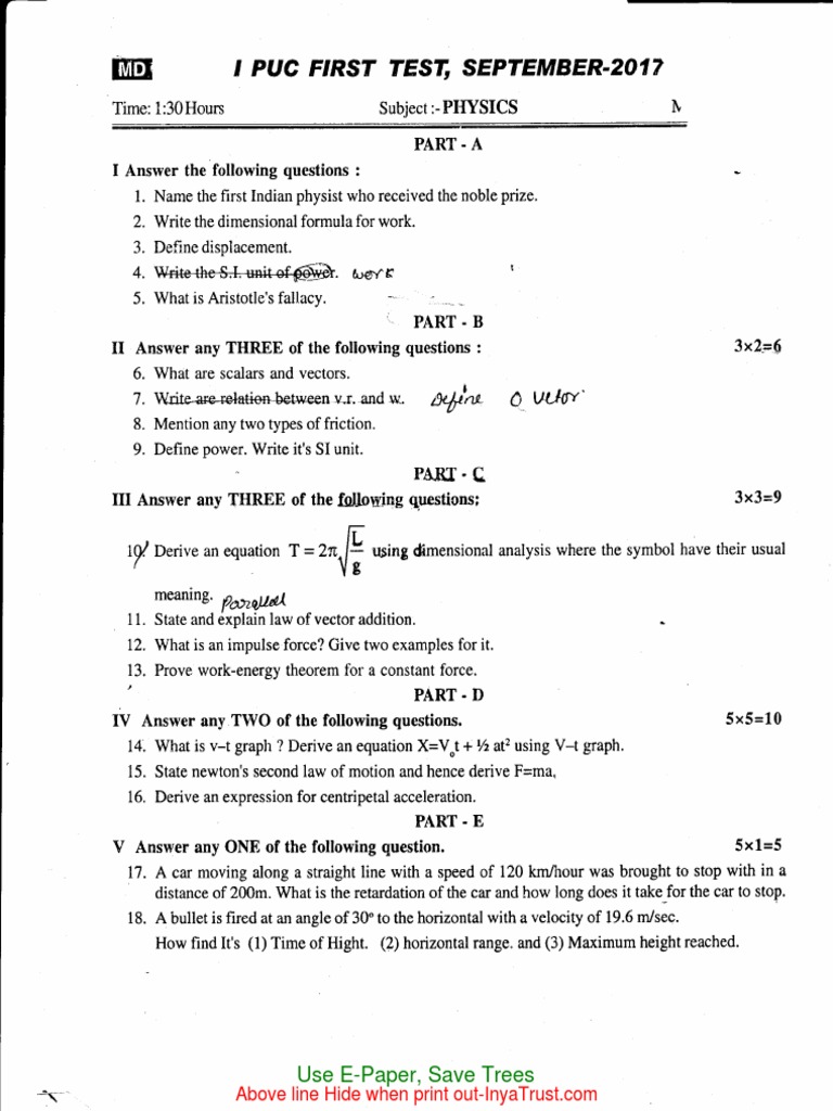 1st Puc Physics First Test Quesiton Paper | PDF