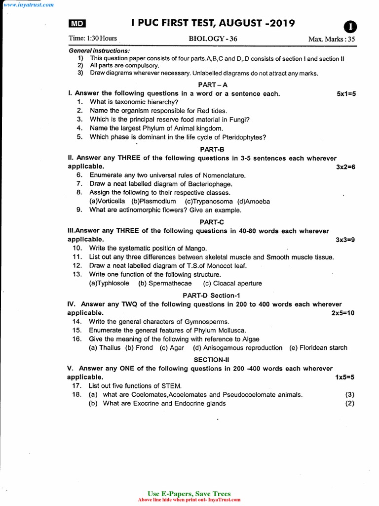 1st Puc Biology First Test Question Paper Eng Version 2019-20 Mandya ...