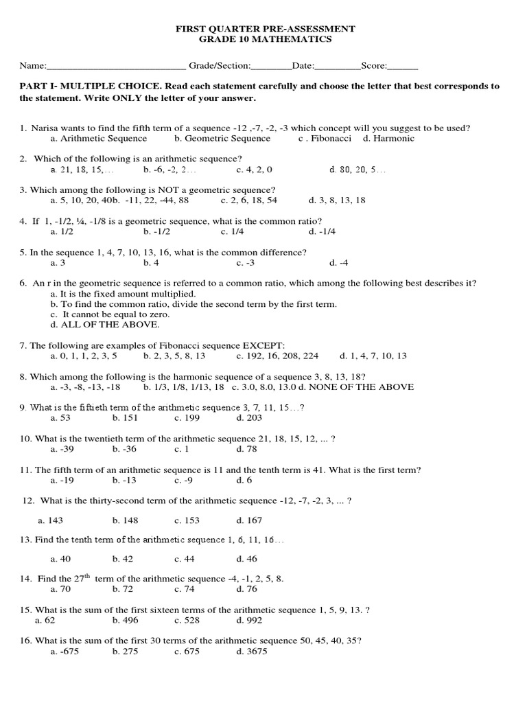 Grade 10 Math Pre-Assessment: Sequences | PDF | Ratio | Mathematical ...