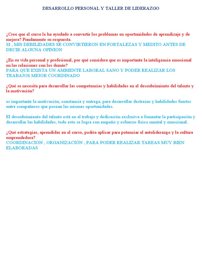 Desarrollo Personal y Taller de Liderazgo | PDF