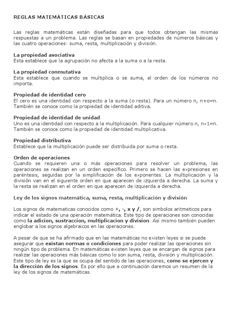 Reglas Matemáticas Básicas | PDF | Multiplicación | Objetos matemáticos